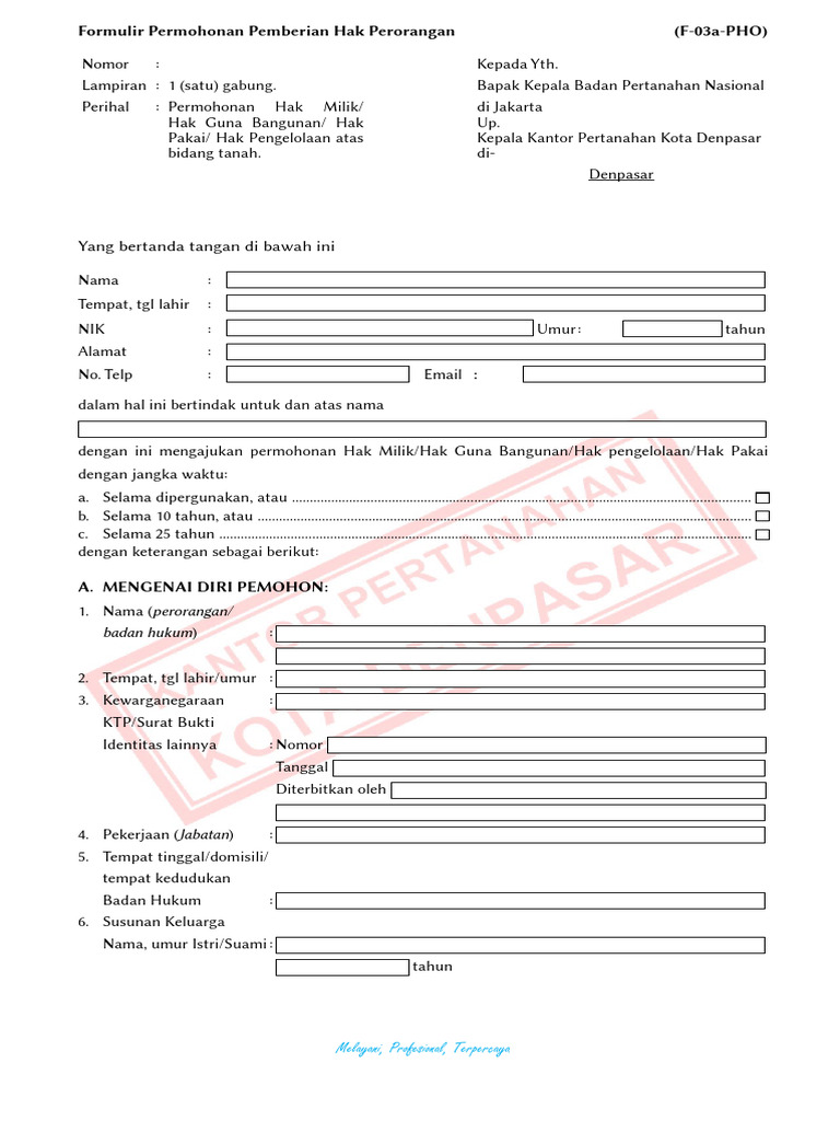 PEMBERIAN - HAK - PERORANGAN - Form - Permohonan | PDF