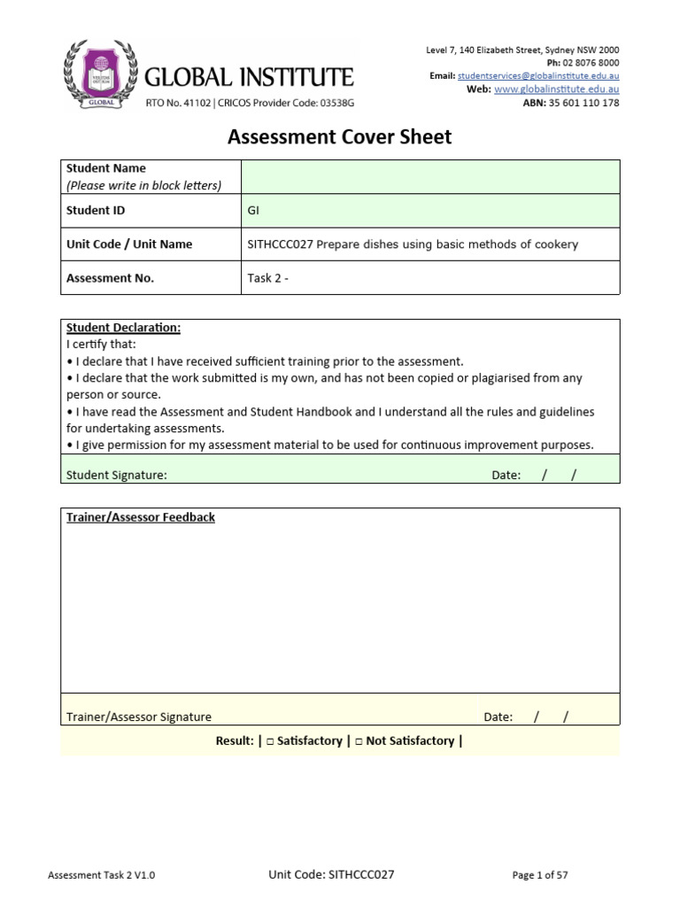 SITHCCC027 Cookery Skills Assessment | PDF | Cooking | Food Safety