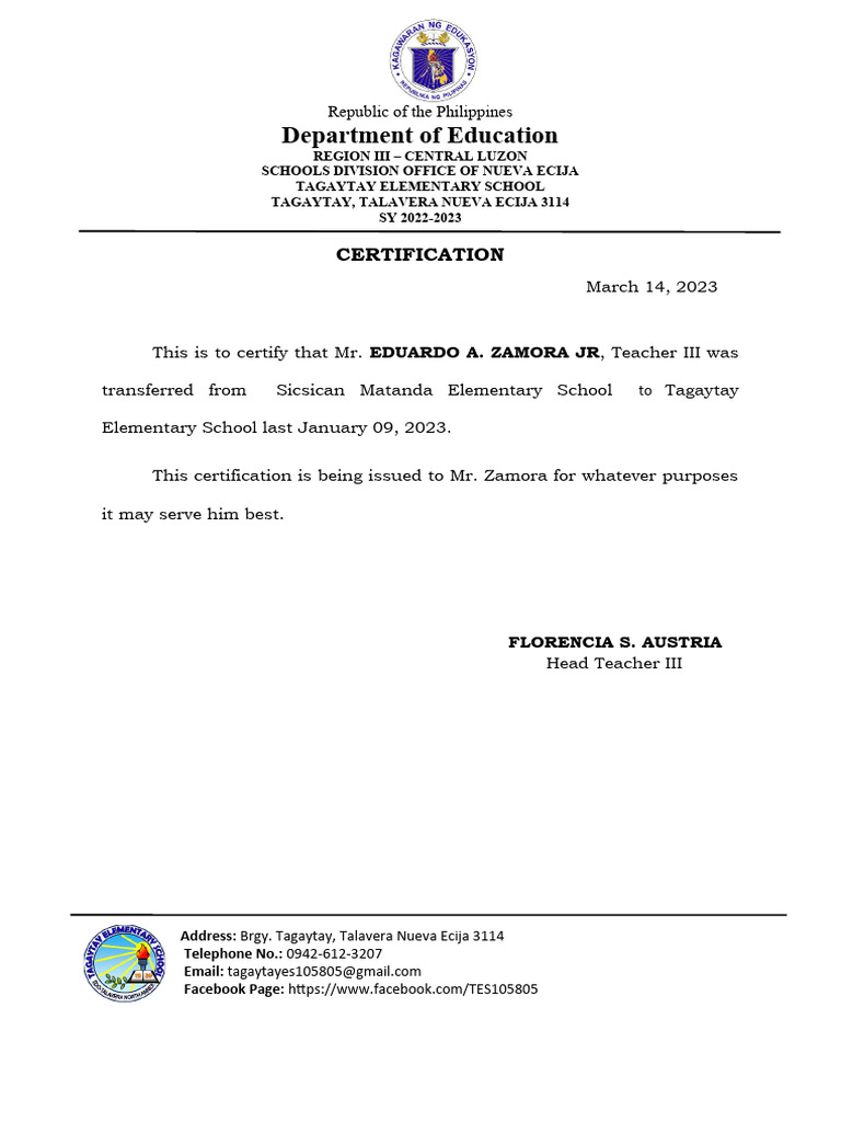 Teacher Transfer Certification 2023 | PDF