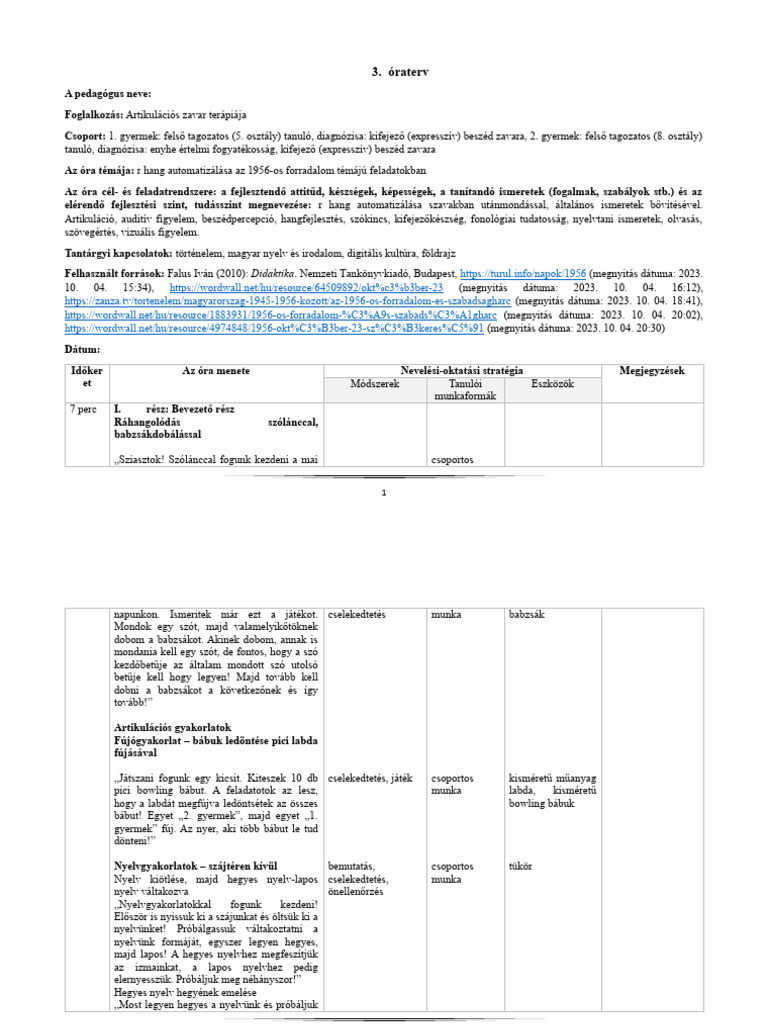 Artikulációs Zavar Terápiája Óraterv | PDF