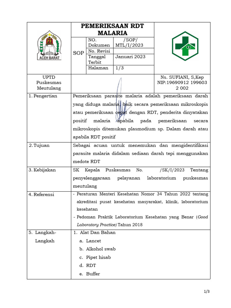 Prosedur RDT untuk Pemeriksaan Malaria | PDF