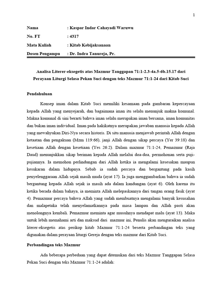 Analisa Literer-Eksegetis Atas Mazmur Tanggapan 71:1-2.3-4a.5-6b.15.17 ...