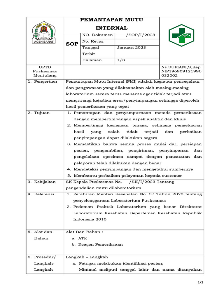 SOP Pemantapan Mutu Laboratorium | PDF