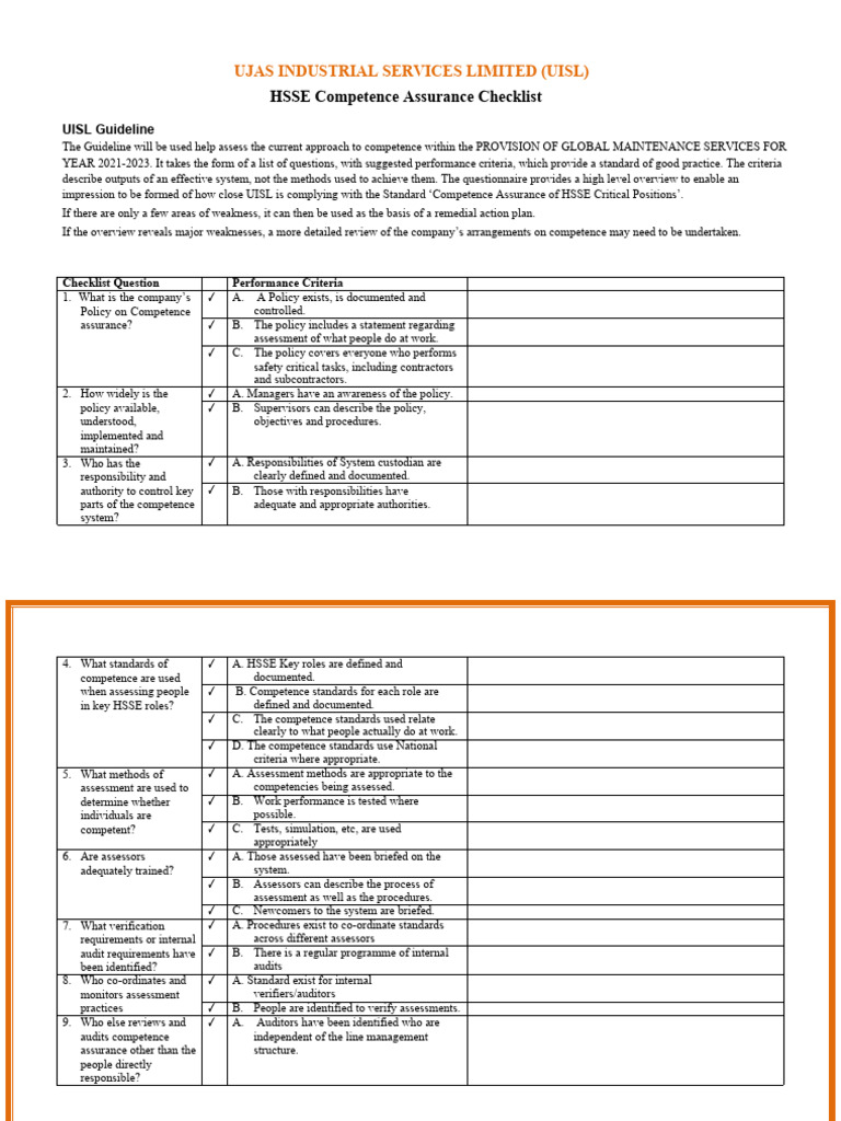 UISL HSSE Competence Assurance Checklist | PDF | Audit | Business