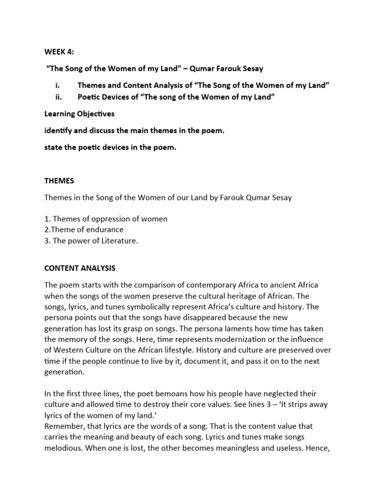 Song of The Women of My Land E Notes | PDF | Poetry | Lyrics