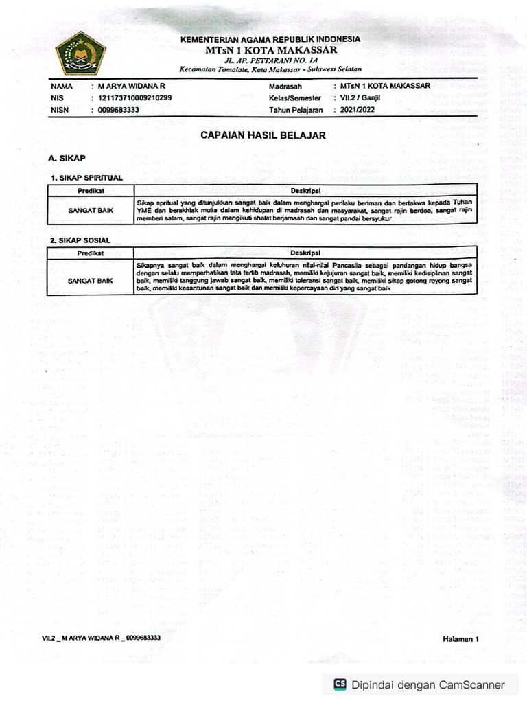 Rapor Mts Kelas VII | PDF