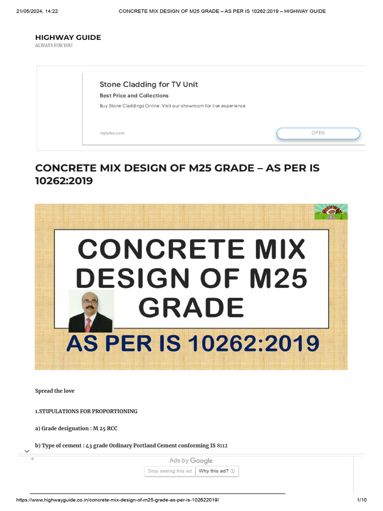 Concrete Mix Design of M25 Grade - As Per Is 10262 - 2019 - Highway ...