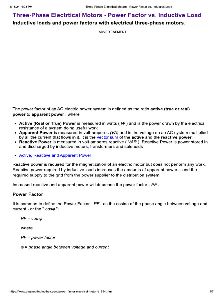 Three-Phase Electrtical Motors - Power Factor vs. Inductive Load | PDF