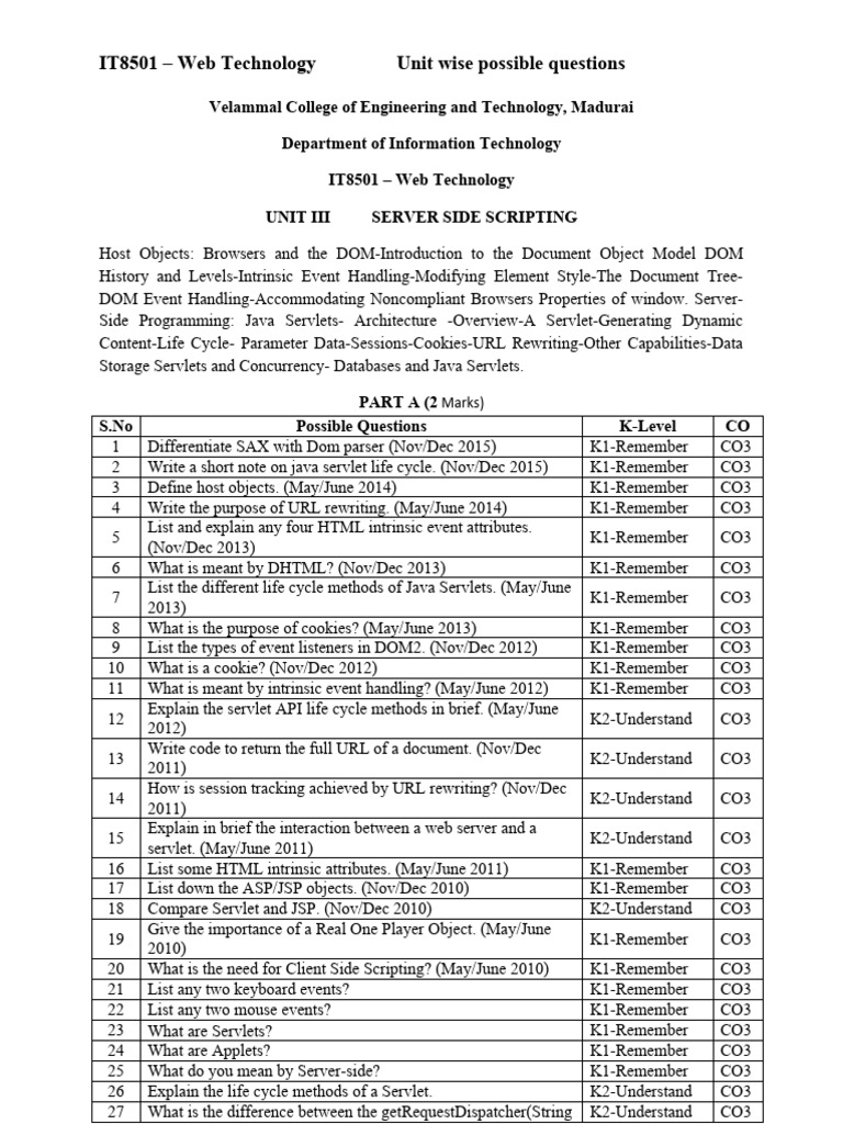 Unit 3 Wt Question Bank Pdf Document Object Model Hypertext