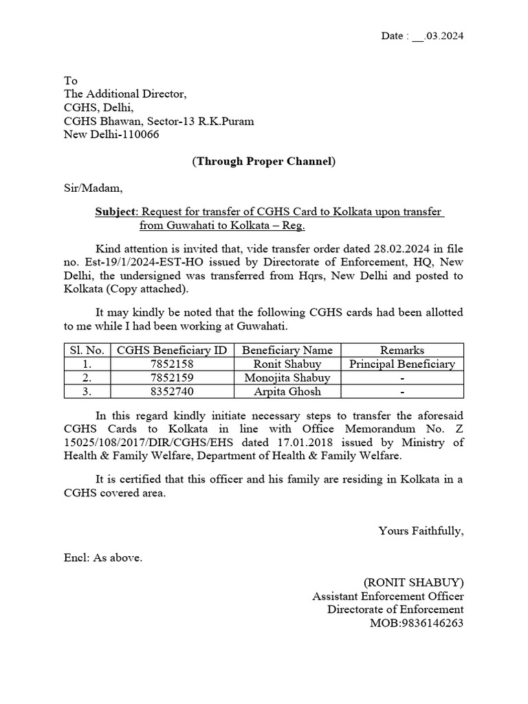 CGHS Card Transfer Request to Kolkata | PDF | Finance & Money Management