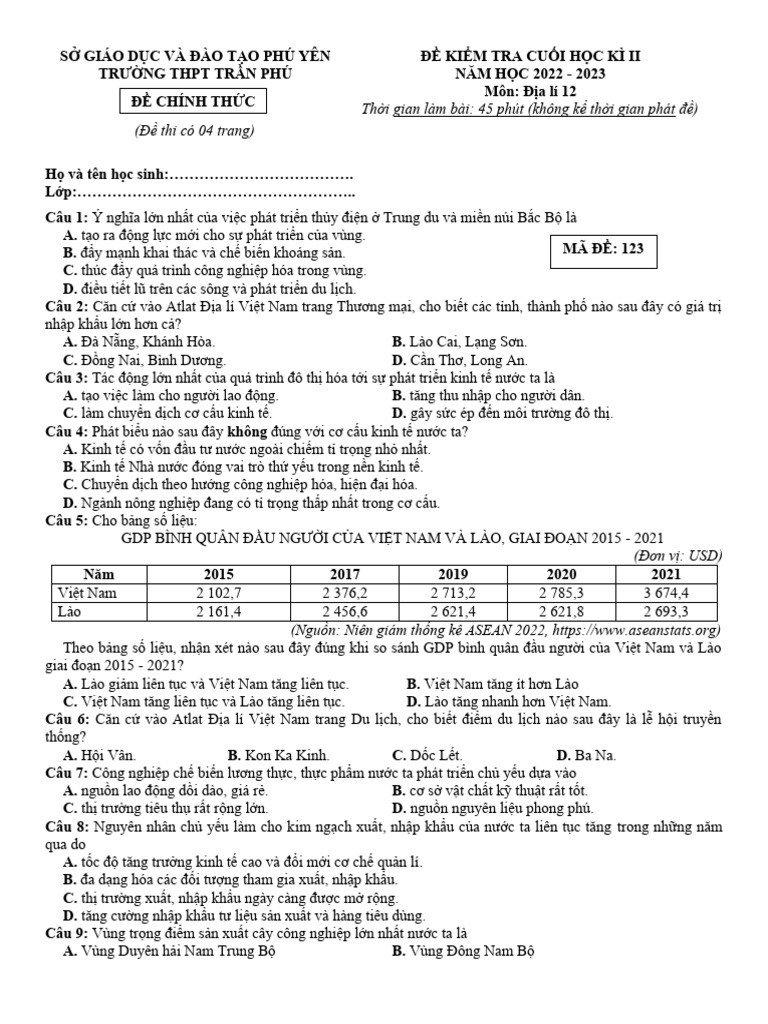 De Va Dap An Kiem Tra Cuoi Hoc Ki II Dia Li 12 NH 2022-2023 3ba03 | PDF