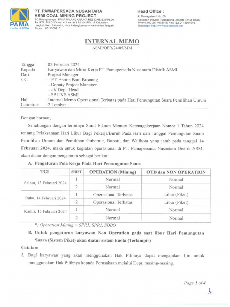 Internal Memo Operasional Terbatas Pada Hari Pemungutan Suara Pemilihan Umum - Signed | PDF