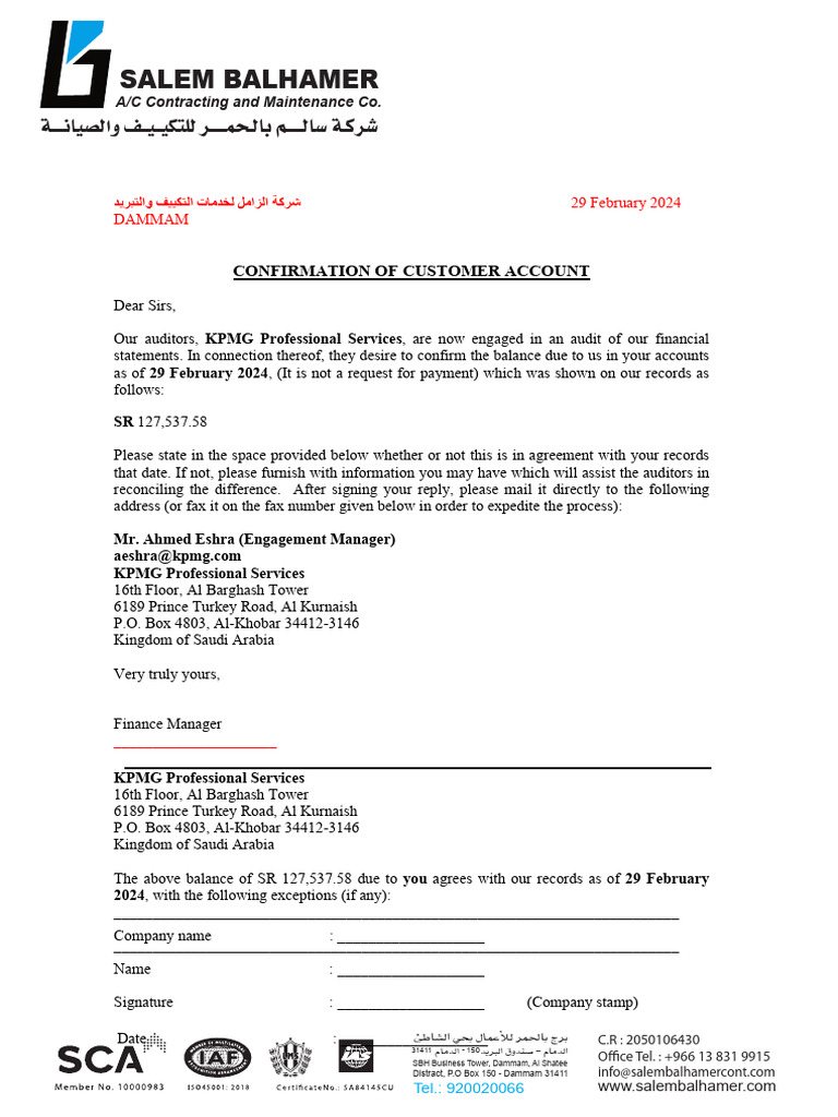 Balance Confirmation Letter - Adib Al-Zamil Villa | PDF | Audit ...