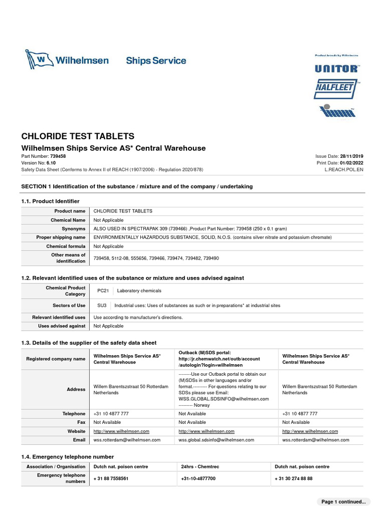 Chloride Test Tablets Safety Data Sheet | PDF | Fires | Metals