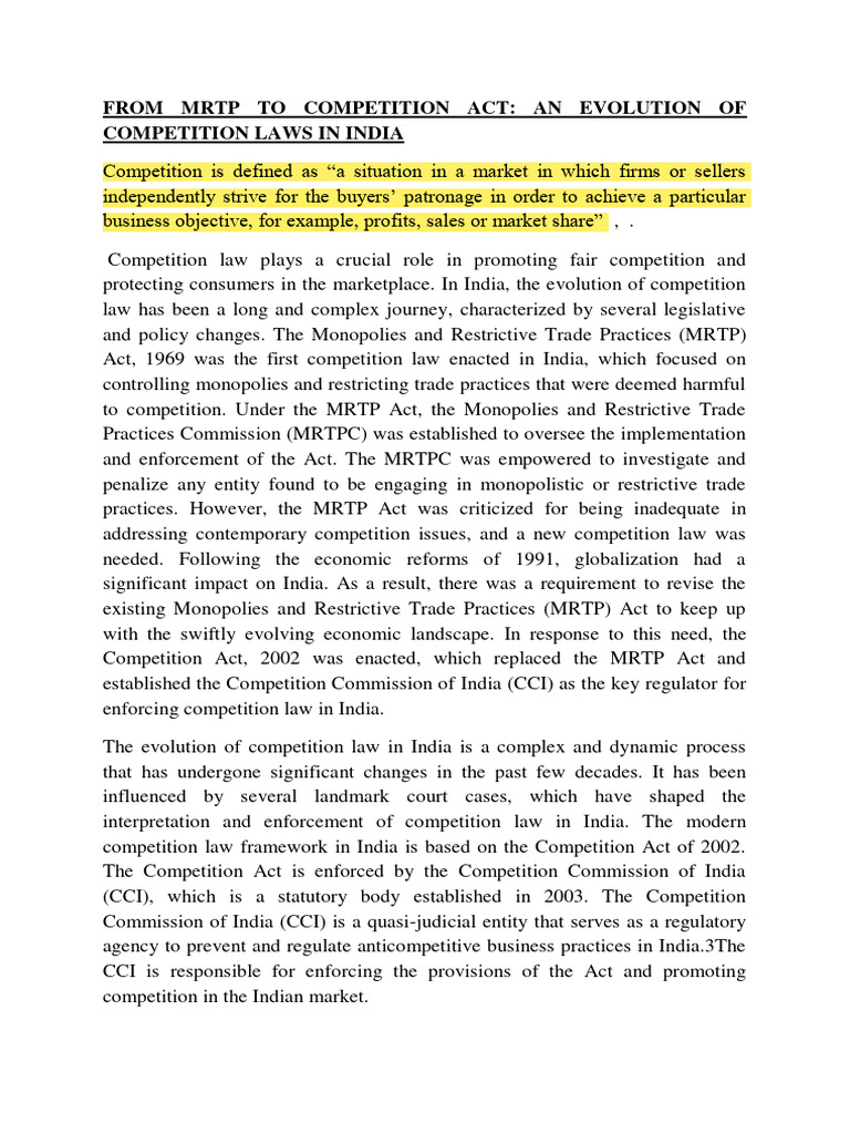 FROM MRTP TO COMPETITION ACT | PDF | Competition Law | Mergers And Acquisitions