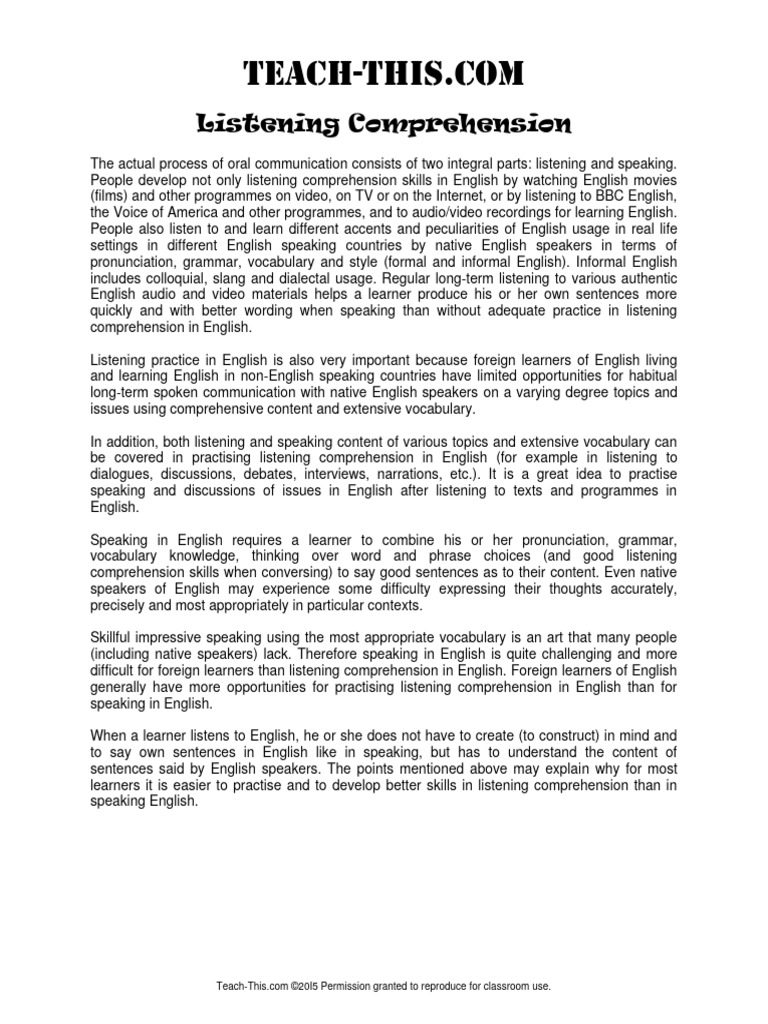 Listening Comprehension Pdf English Language Reading Comprehension