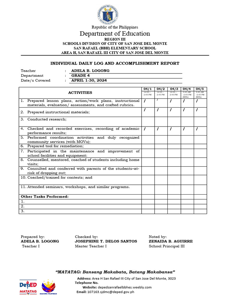Individual Daily Log and Accomplishment Report | PDF | Teachers