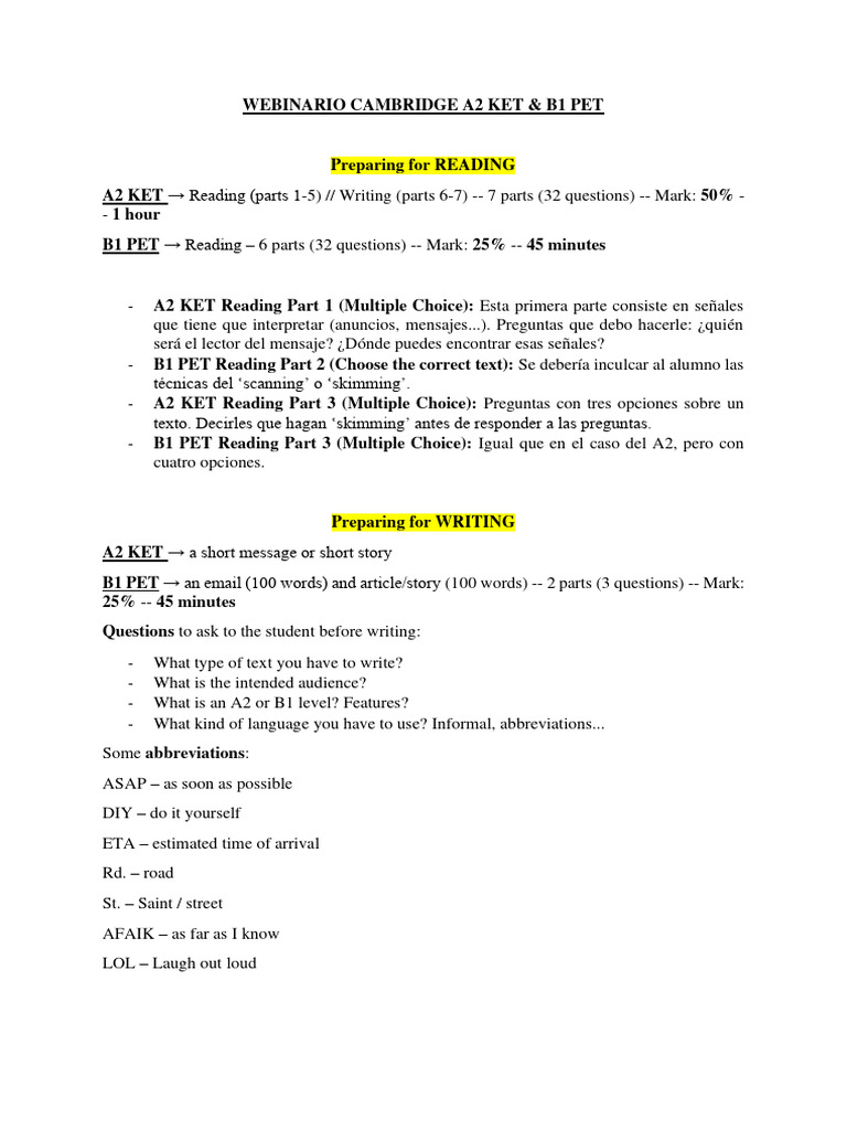 WEBINARIO CAMBRIDGE A2 KET & B1 PET | PDF