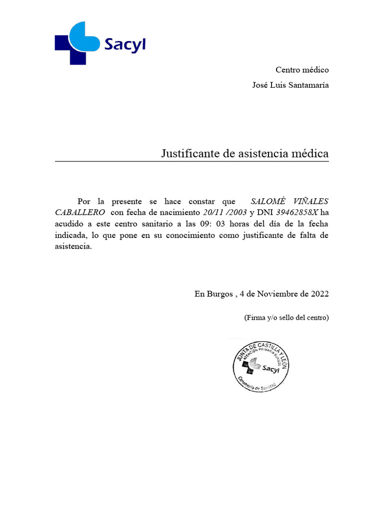 628041018 Plantilla Justificante Medico Sacyl | PDF