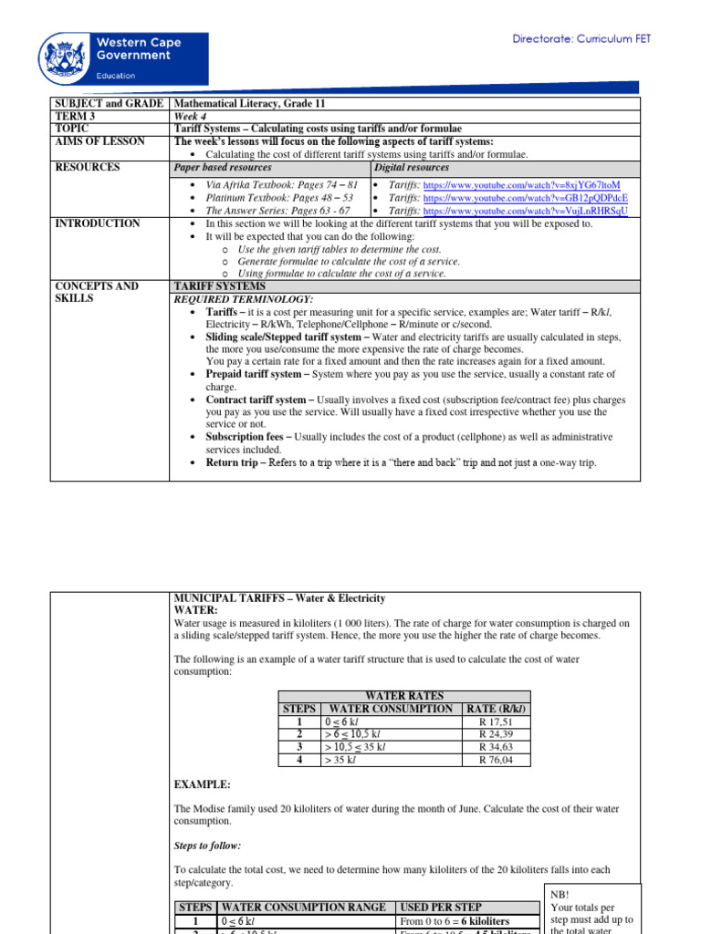 Grade 11 Math: Tariff Systems Explained | PDF | Parking | Toll Road