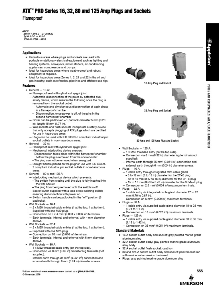 Appleton ATX PRD Series 16, 32, 80 and 125 Amp Plugs and Sockets Catalog Pages November 2016 ...