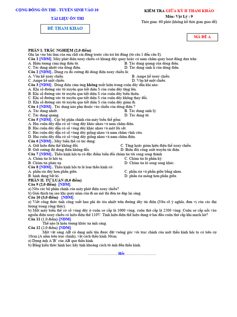 Đề Tham Khảo Ôn Thi Giữa học kì II - Vật Lý 9 - Đề Tham Khảo 01 | PDF