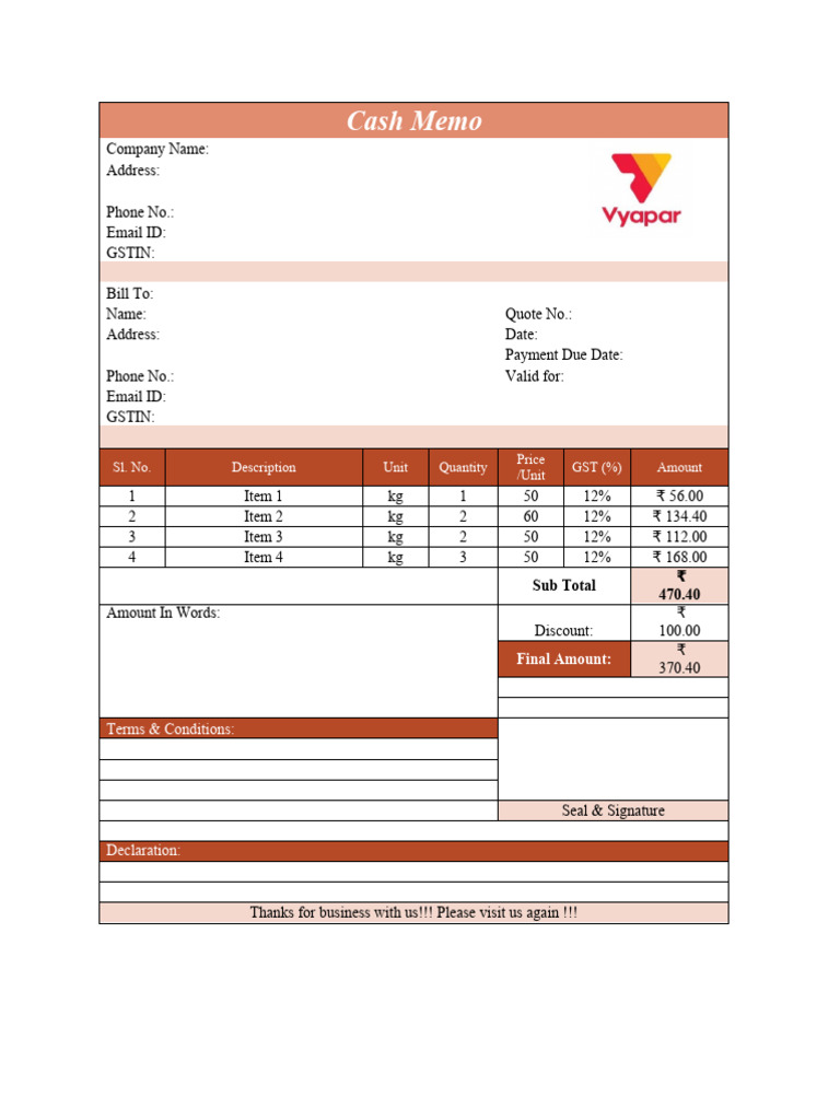 Cash Memo Bill Book Format 4 | PDF