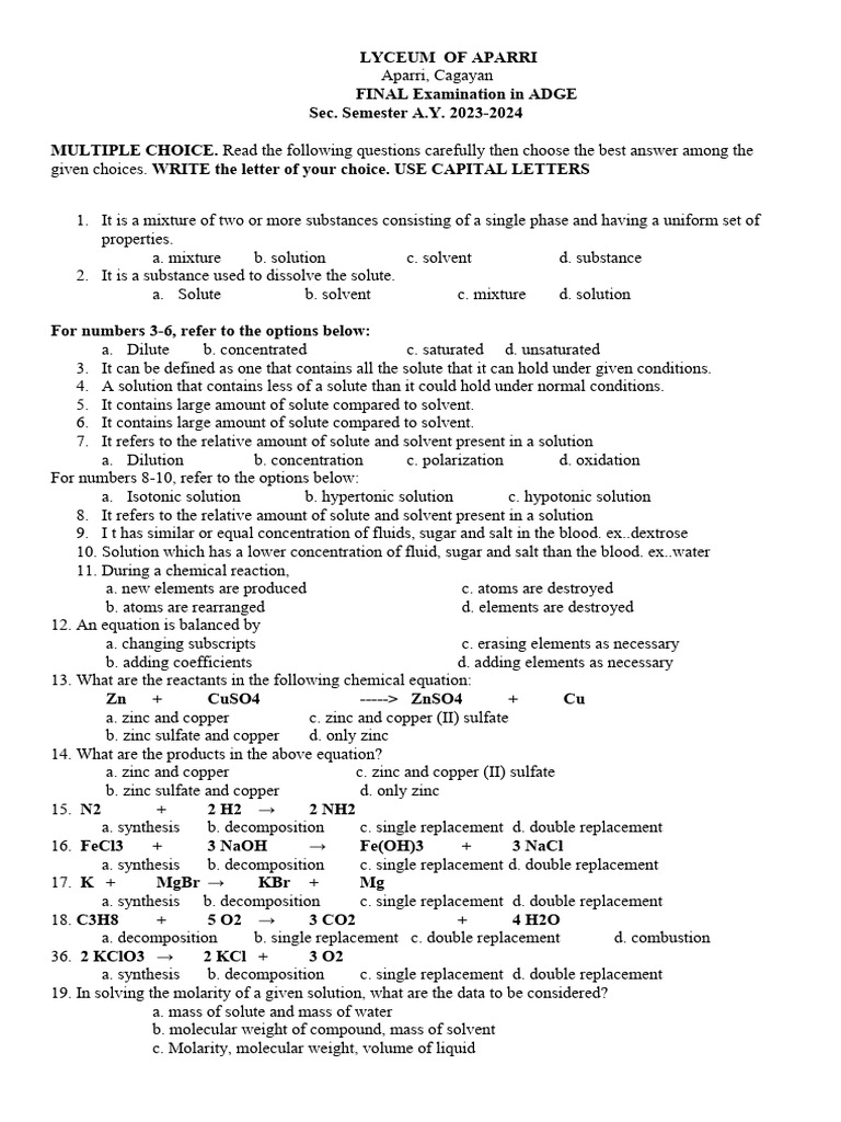 Final Exam Gen Chem 2024 | PDF | Concentration | Mole (Unit)