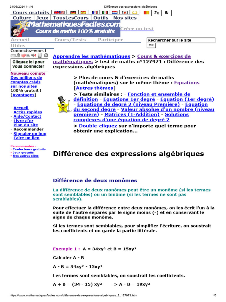 Différence des expressions algébriques | PDF | Équations | Mathématiques