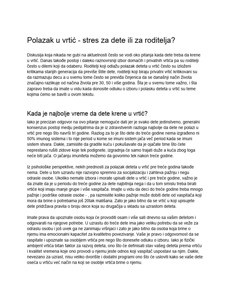 Polazak U Vrtić Stres Za Dete Ili Za Roditelja Pdf