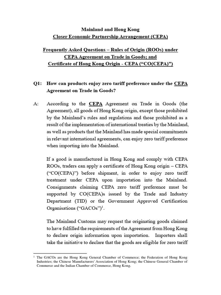 CEPA Agreement On Trade in Goods and Certificate of Hong Kong Origin ...