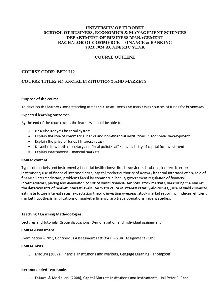 Financial Institutions & Markets Course Outline | PDF | Business ...