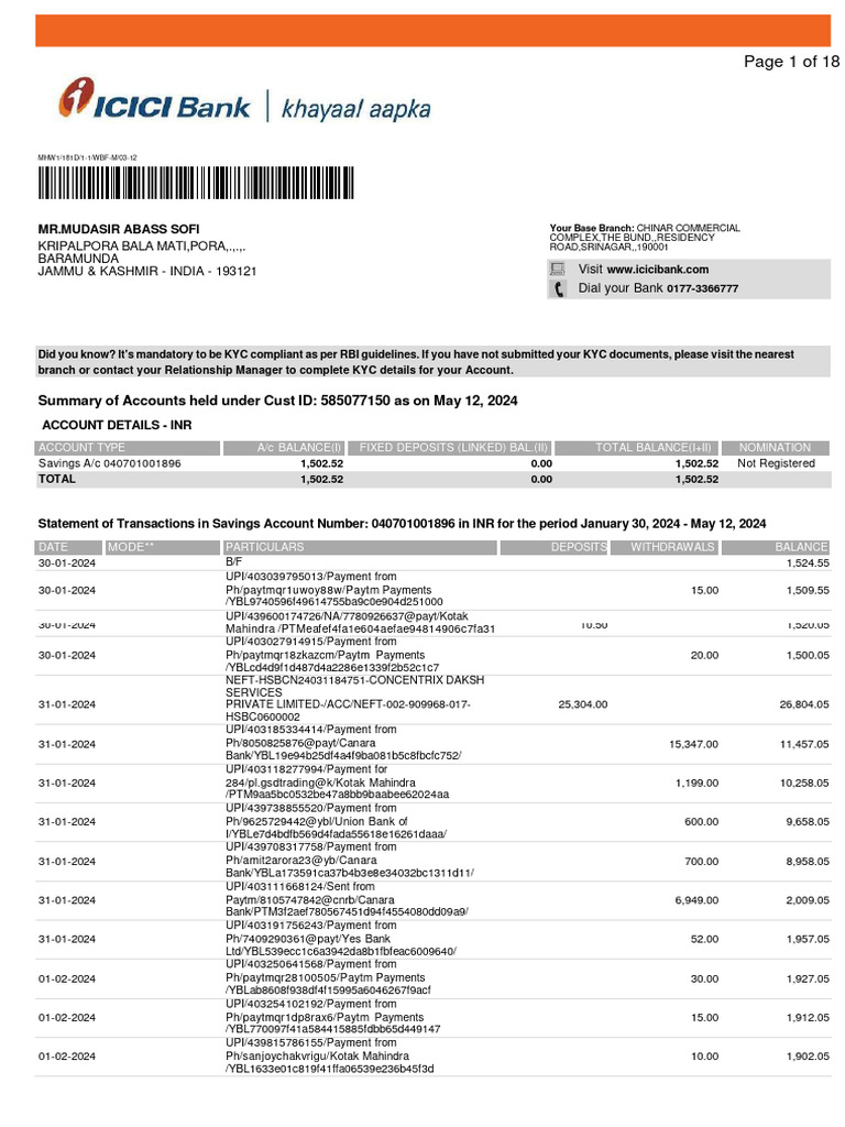 Account Statement for Mudasir Sofi | PDF | Service Industries | Banking