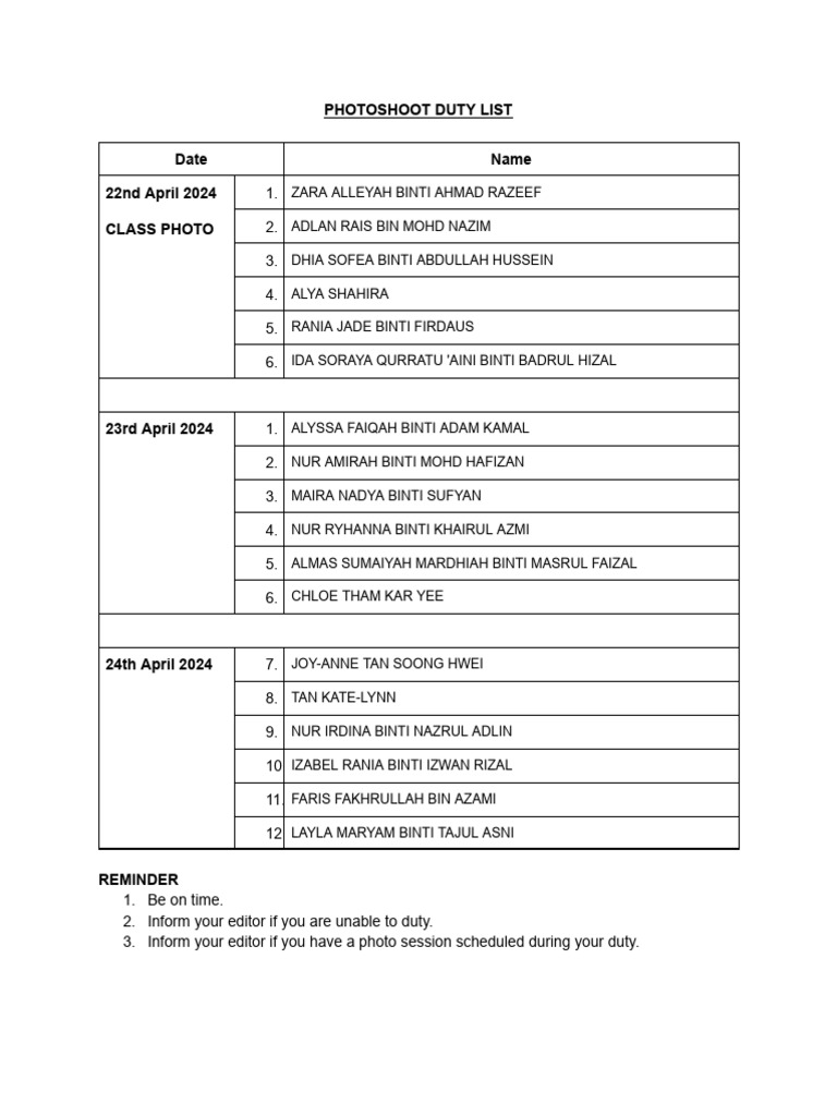 Class Photoshoot Schedule | PDF | Travel