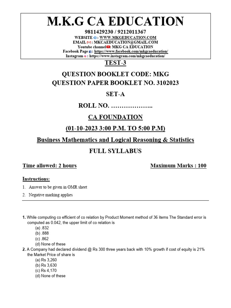 Ca Foundation Maths Test-3 Set A | PDF | Cost Of Living | Probability ...