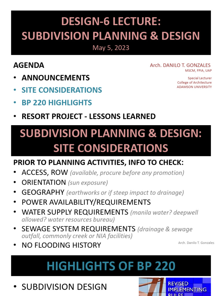 Design-6 Lecture Subdivision Planning & Design BP 220 D.T.Gonzales ...