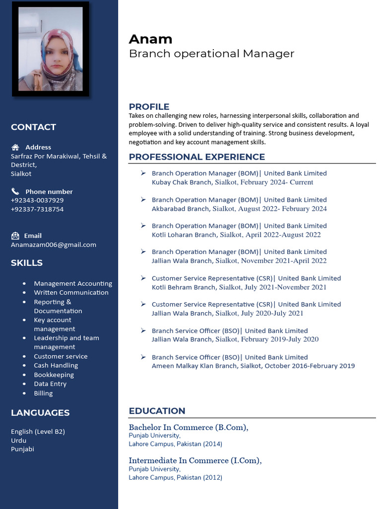 Madam Anam Professional CV | Download Free PDF | Business | Financial Services