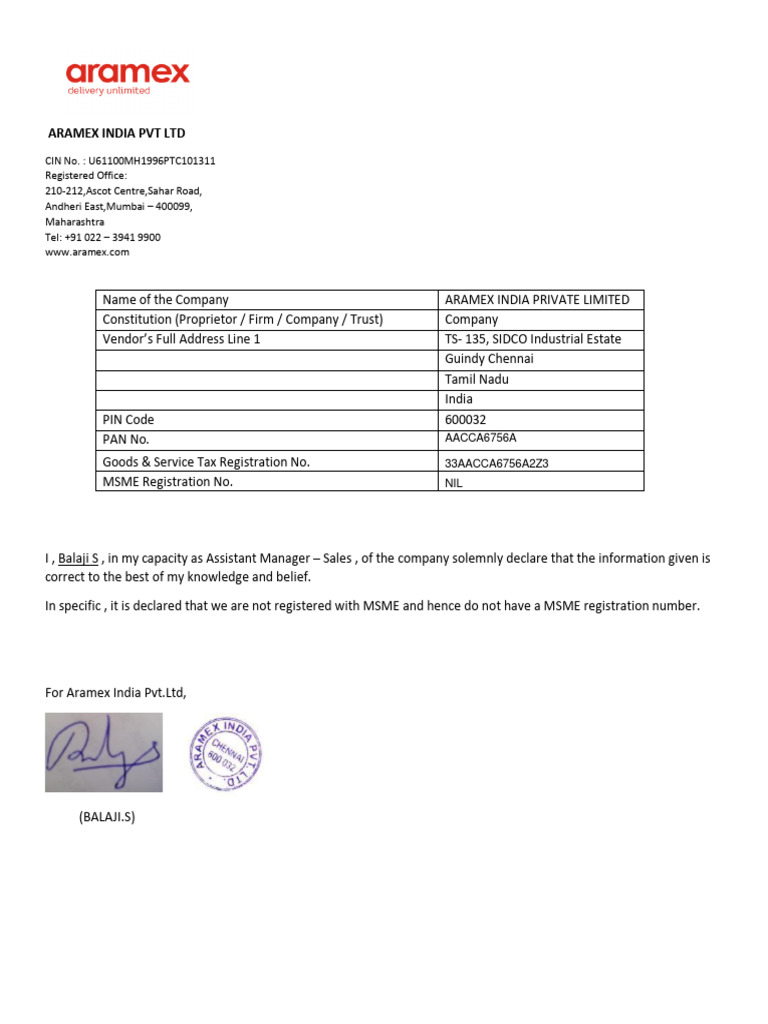 Sample Non Msme Declaration Pdf