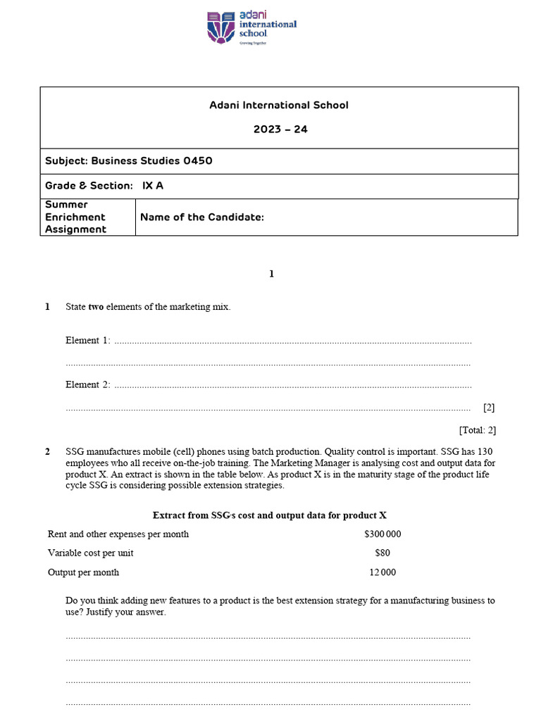 IGCSE Business Studies 0450 Worksheet | PDF | Marketing | Pricing