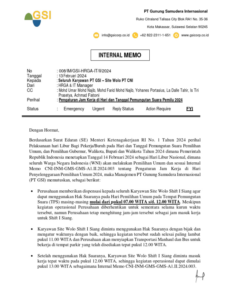 IM - 009 - HRGA - Pengaturan Jam Kerja Site Wolo Pada Hari Dan Tanggal ...