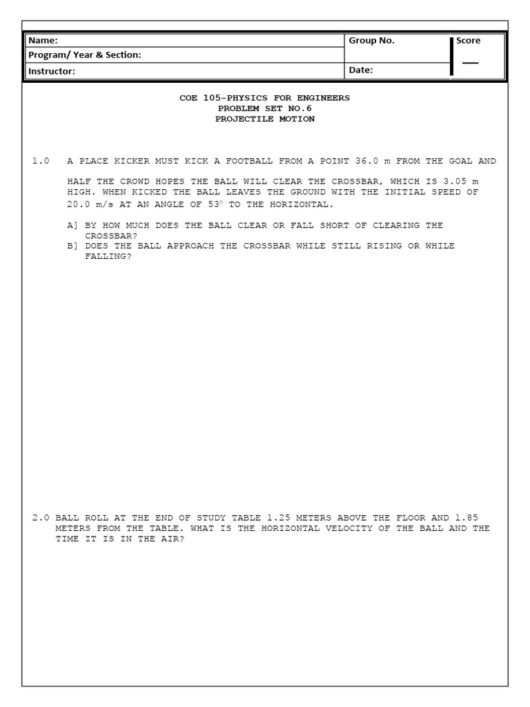 Problem Set No. 6 Projectile Motion | PDF