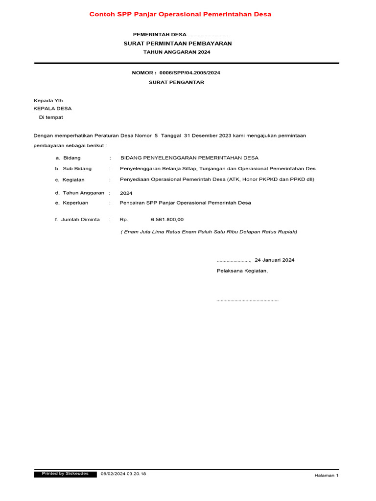 Contoh SPP Panjar Operasinal Pemerintah Desa | PDF