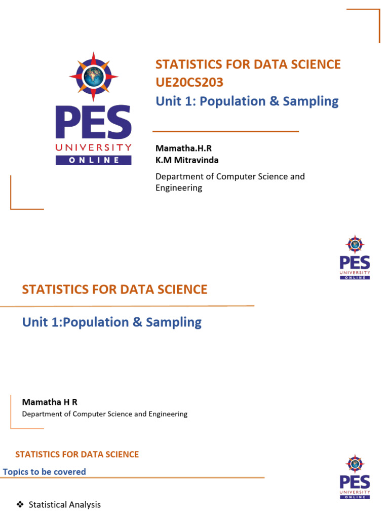 UE20CS203 Unit1 Class2 Population - Sampling | PDF | Sampling (Statistics) | Statistics