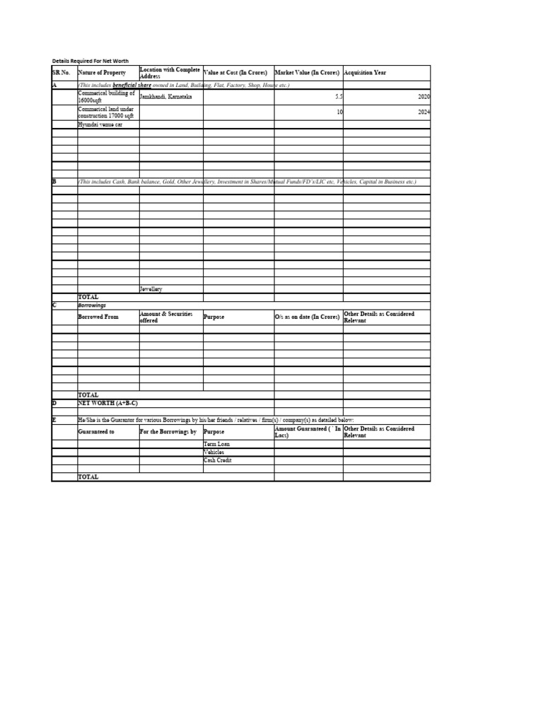 Net Worth Details Excel | PDF | Debt | Credit