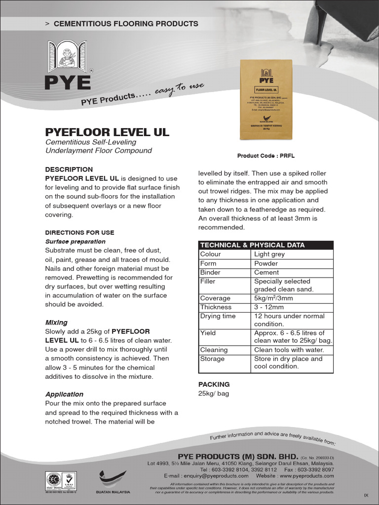 Cementitious Flooring - PYE Floor Level UL1 | PDF | Cement | Paint