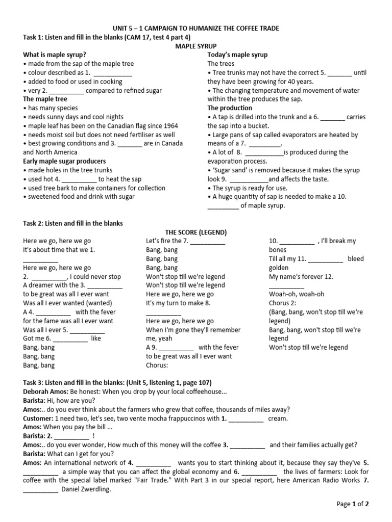 Handout Unit 5-1 - Nghe 4 - Finished | PDF | Maple Syrup | Fair Trade