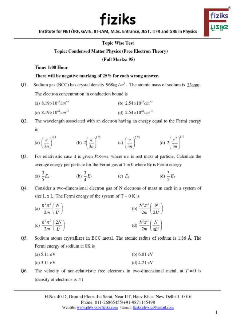 Topic Wise Test-5 Free Electron Theory (Question) | PDF | Electrical ...