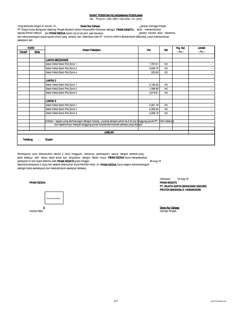 Sp3 Induk Pekerjaan Bondex | PDF