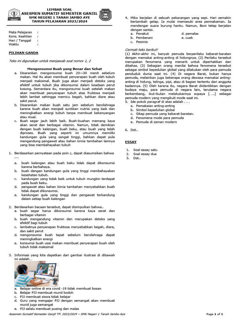Format Soal Asesmen Sumatif Semester Ganjil 2023-2024 | PDF