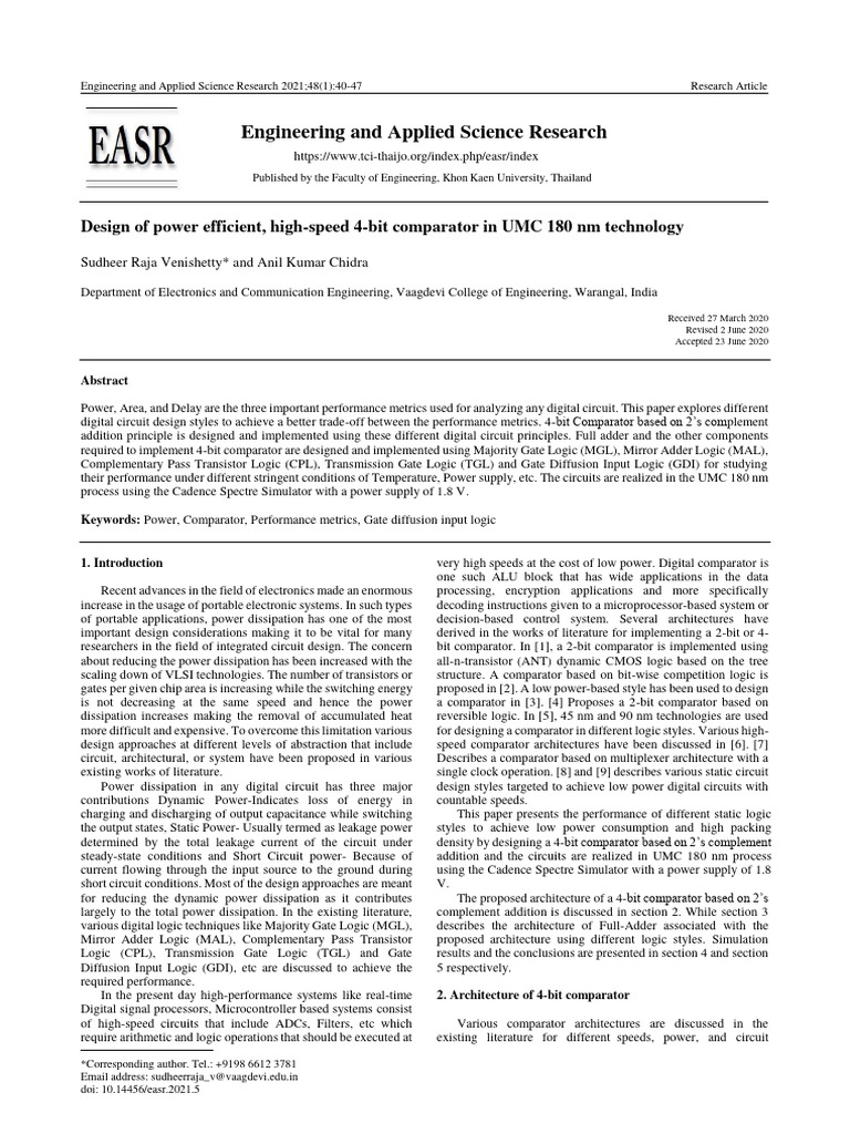 Power Efficient 4-Bit Comparator Design | PDF | Logic Gate | Cmos